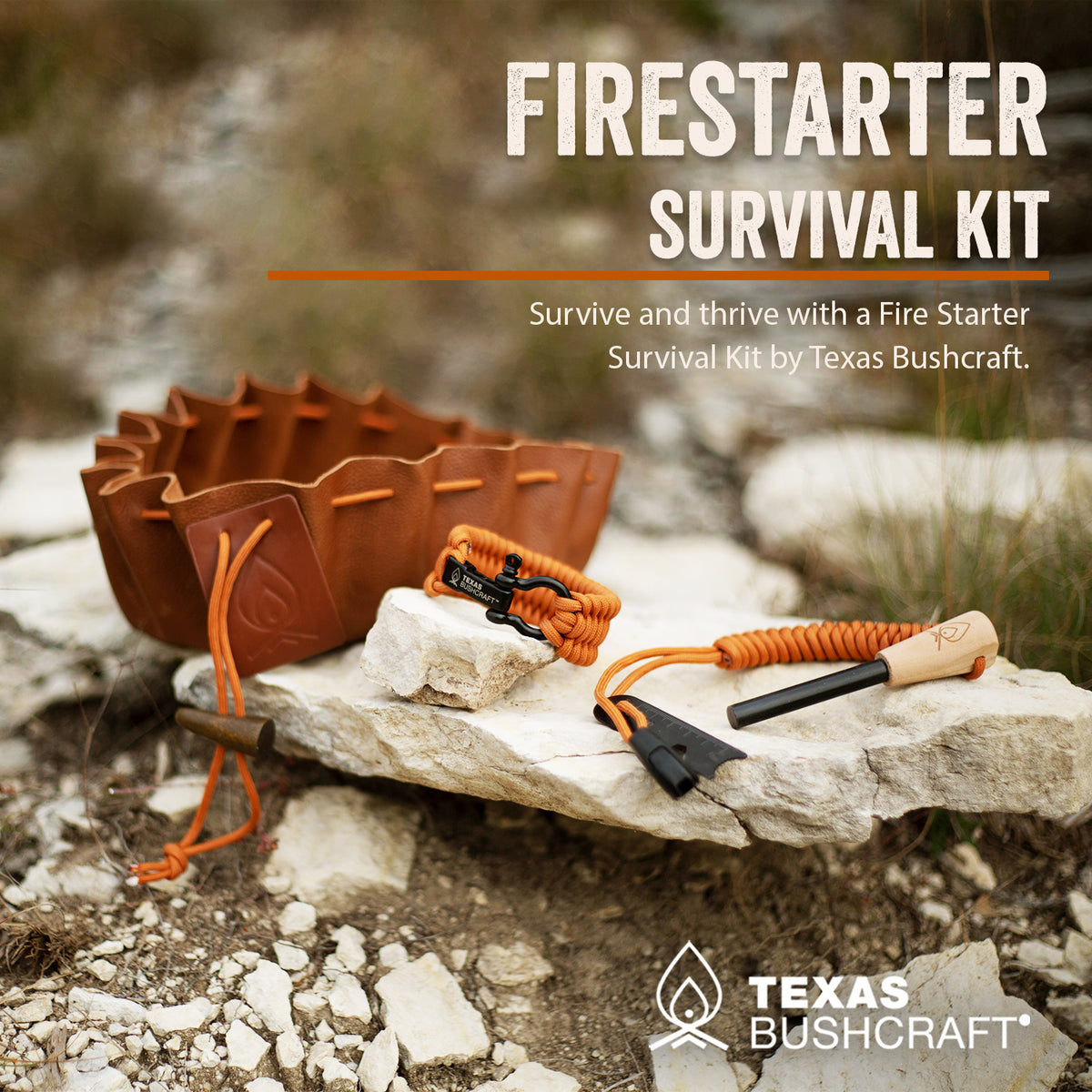 Texas Bushcraft Fire Starter Survival Kit Leather Tinder Pouch Ferro Rod